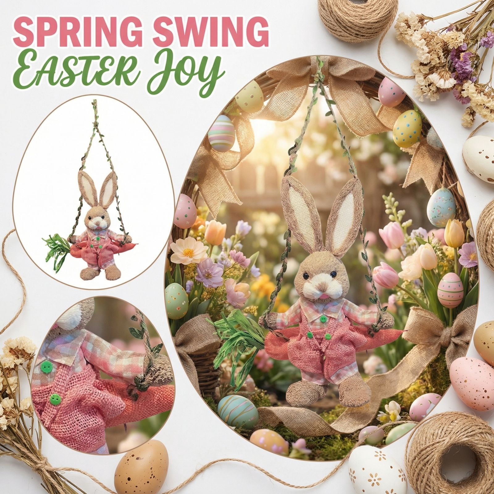 Easter 25.59in Handmade Hanging Swing Bunny Decoration for Farmhouse ...