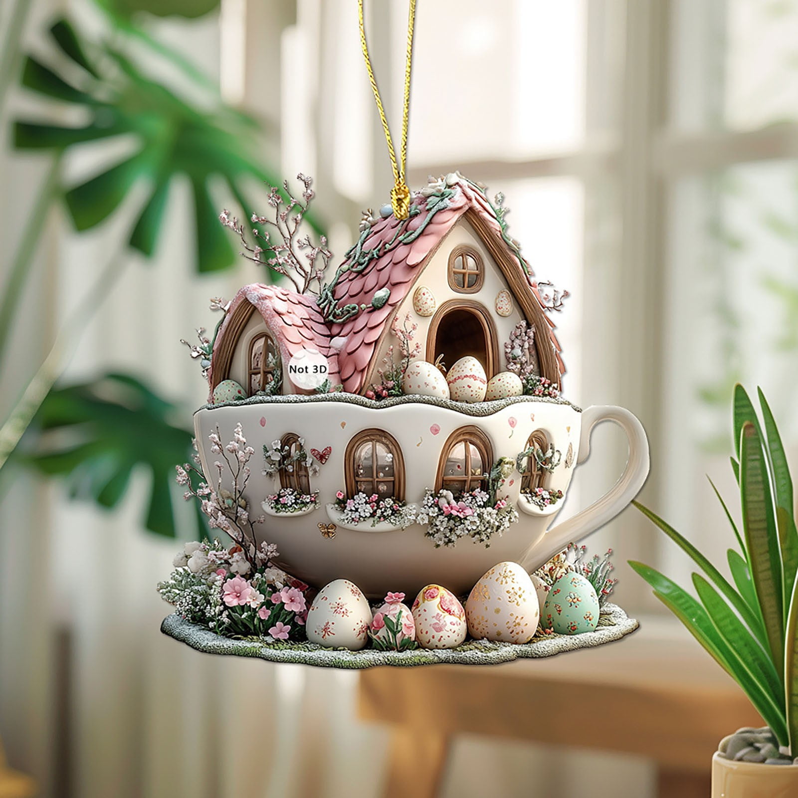 Easter 2D Teacup House Acrylic Pendant, Coffee Cup With Mini House ...