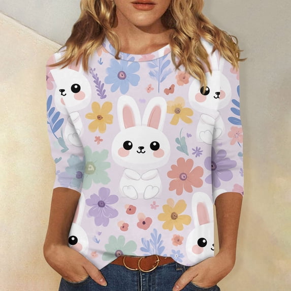 Easter 3/4 Length Sleeve Womens Tops Loose Fit Crew Neck Bunny Egg ...
