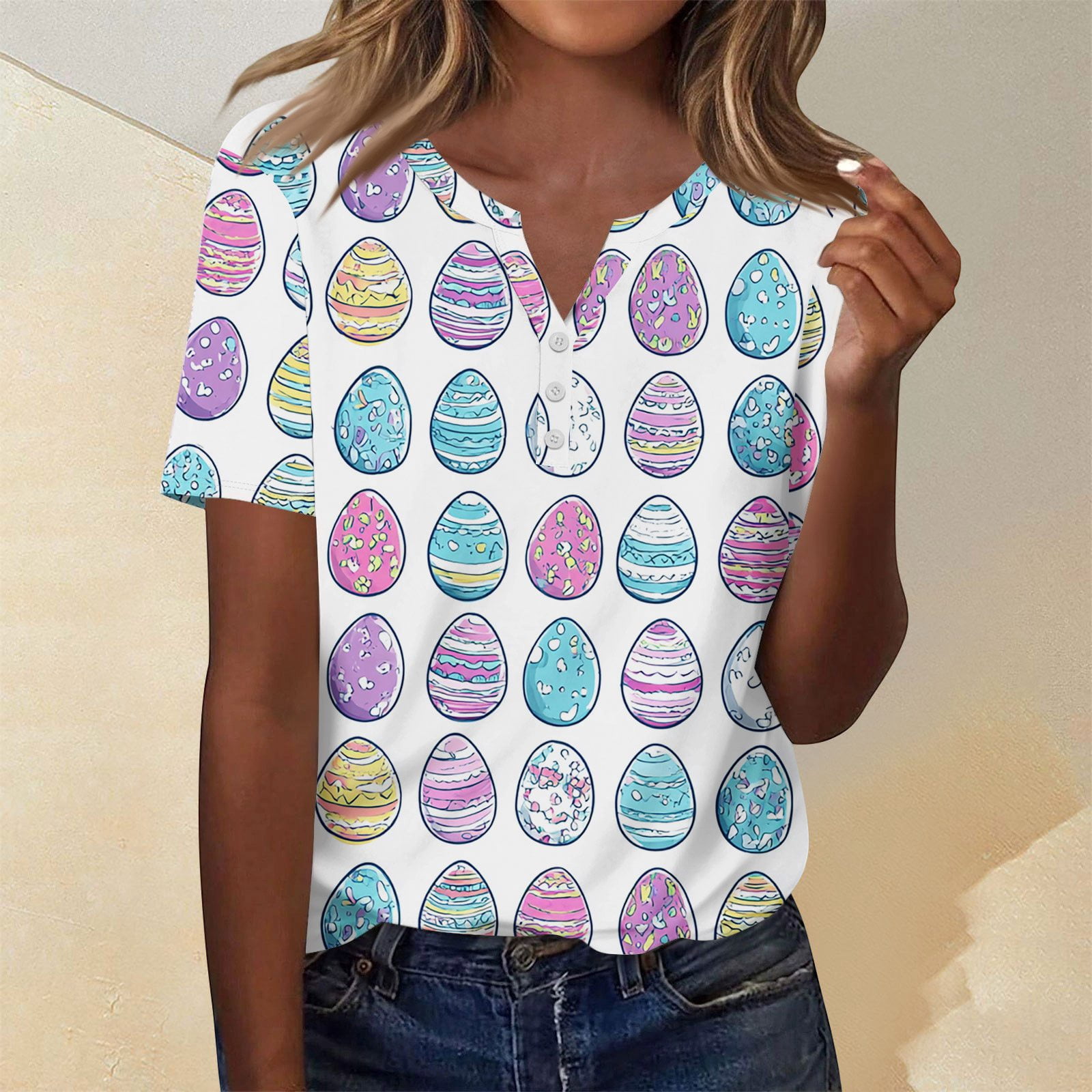 Easter 3/4 Sleeve T Shirts for Women Stretchy Egg Bunny Printed V Neck ...