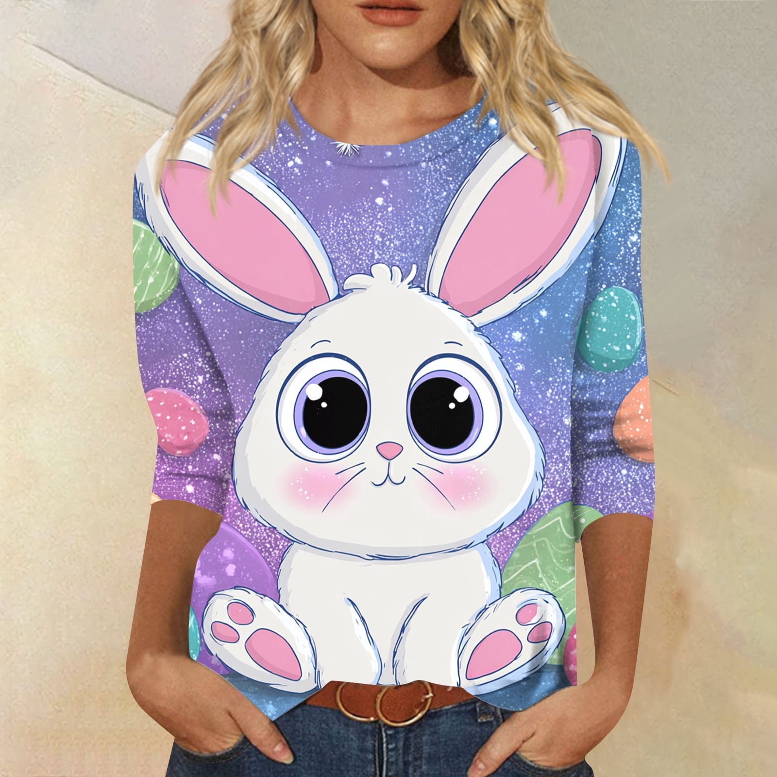 Easter 3/4 Sleeve T Shirts for Women Y2k Egg Bunny Printed Crew Neck T ...