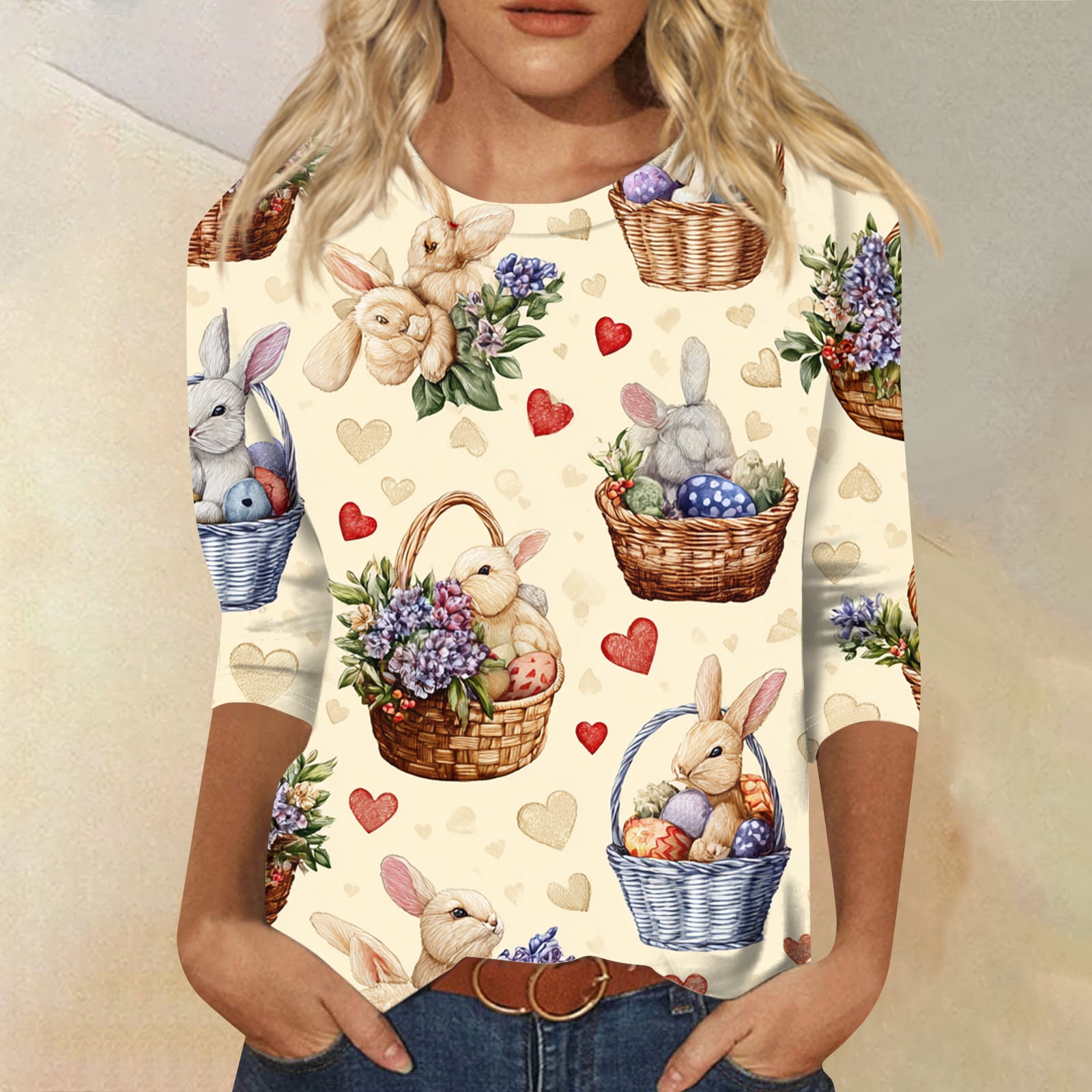 Easter 3/4 Sleeve T Shirts for Women Loose Fit Crew Neck Bunny Egg ...