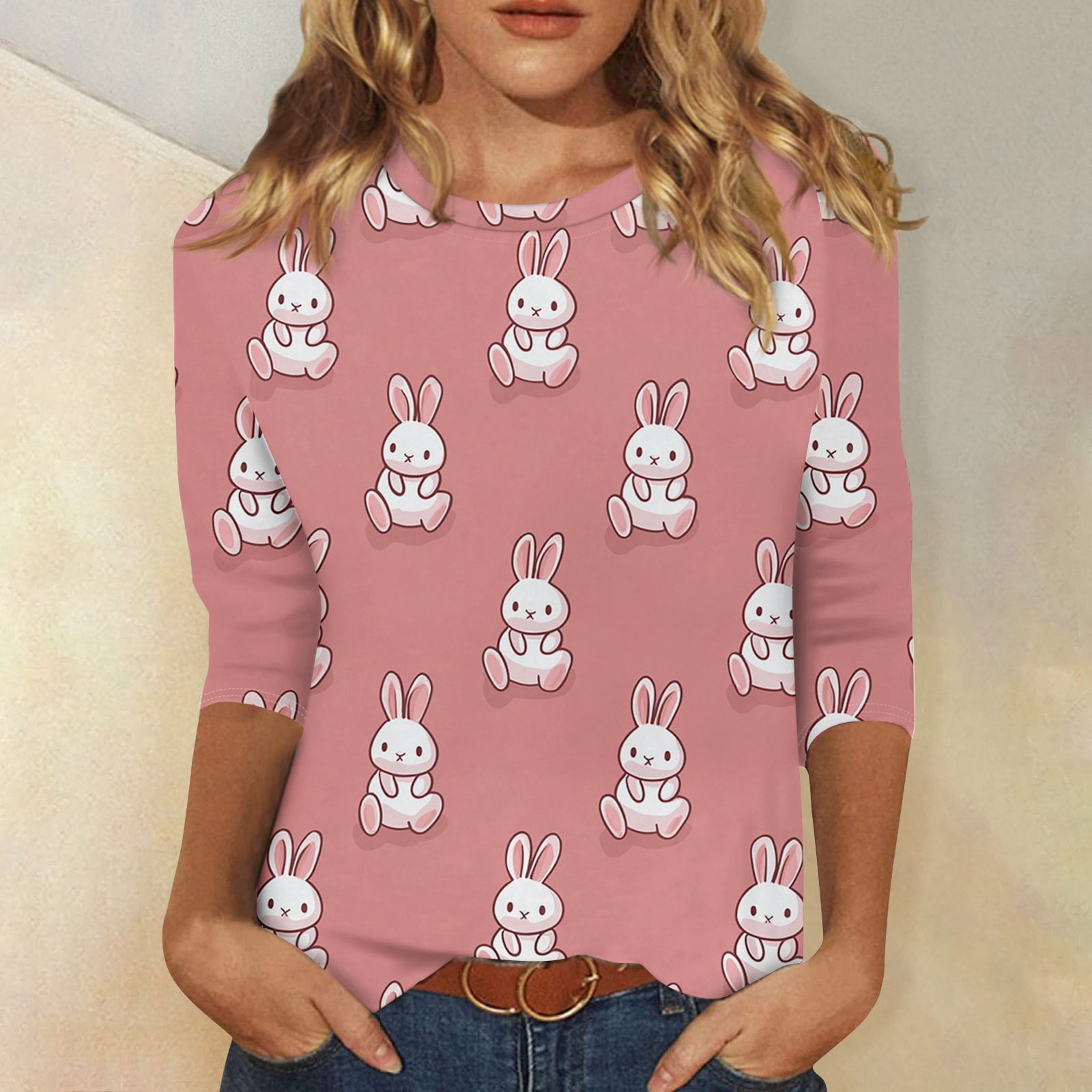 Easter 3/4 Sleeve Tops for Women Cute Crew Neck Bunny Egg Print Tee ...