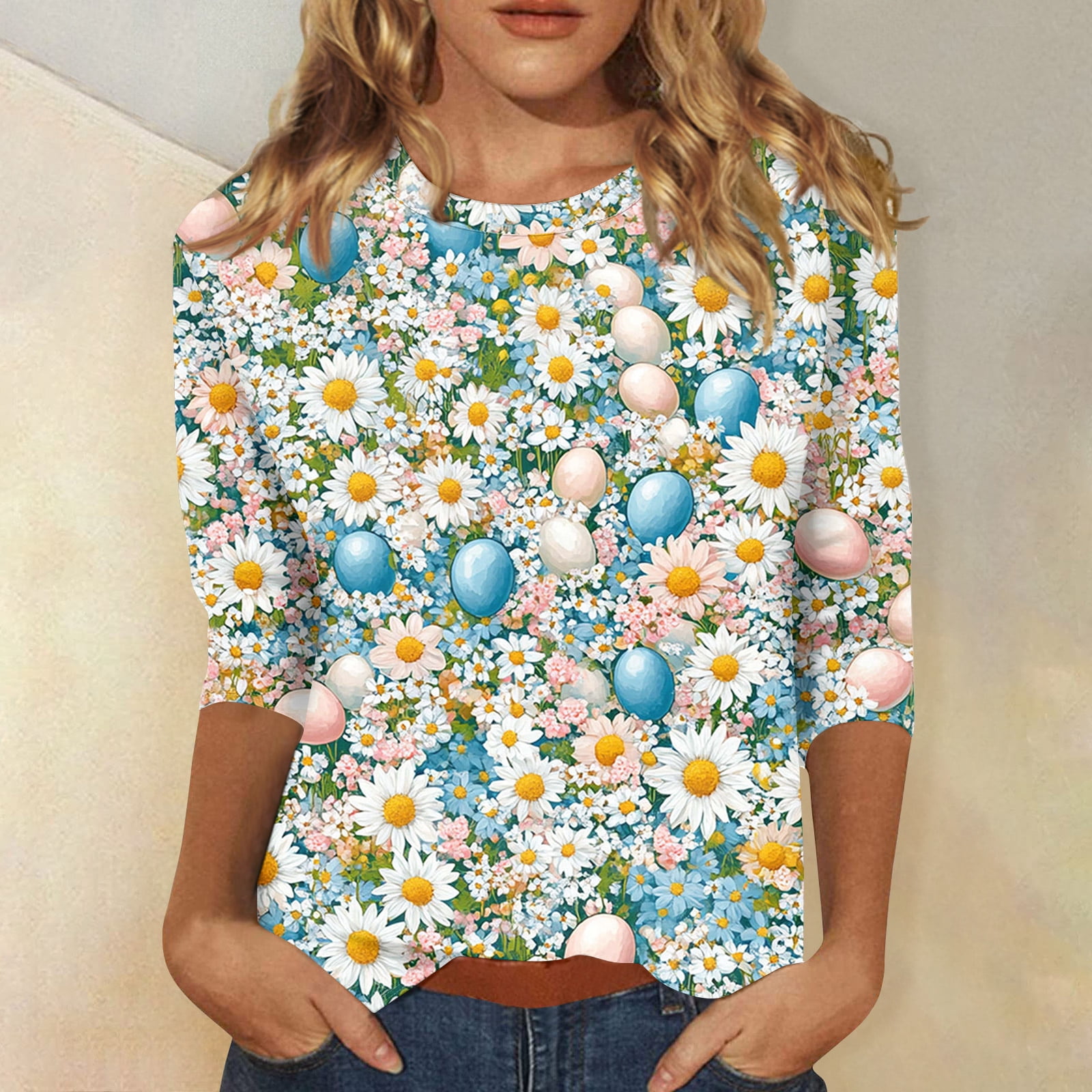 Easter 3/4 Sleeve Tops for Women Holiday Crew Neck Egg Bunny Printed T ...