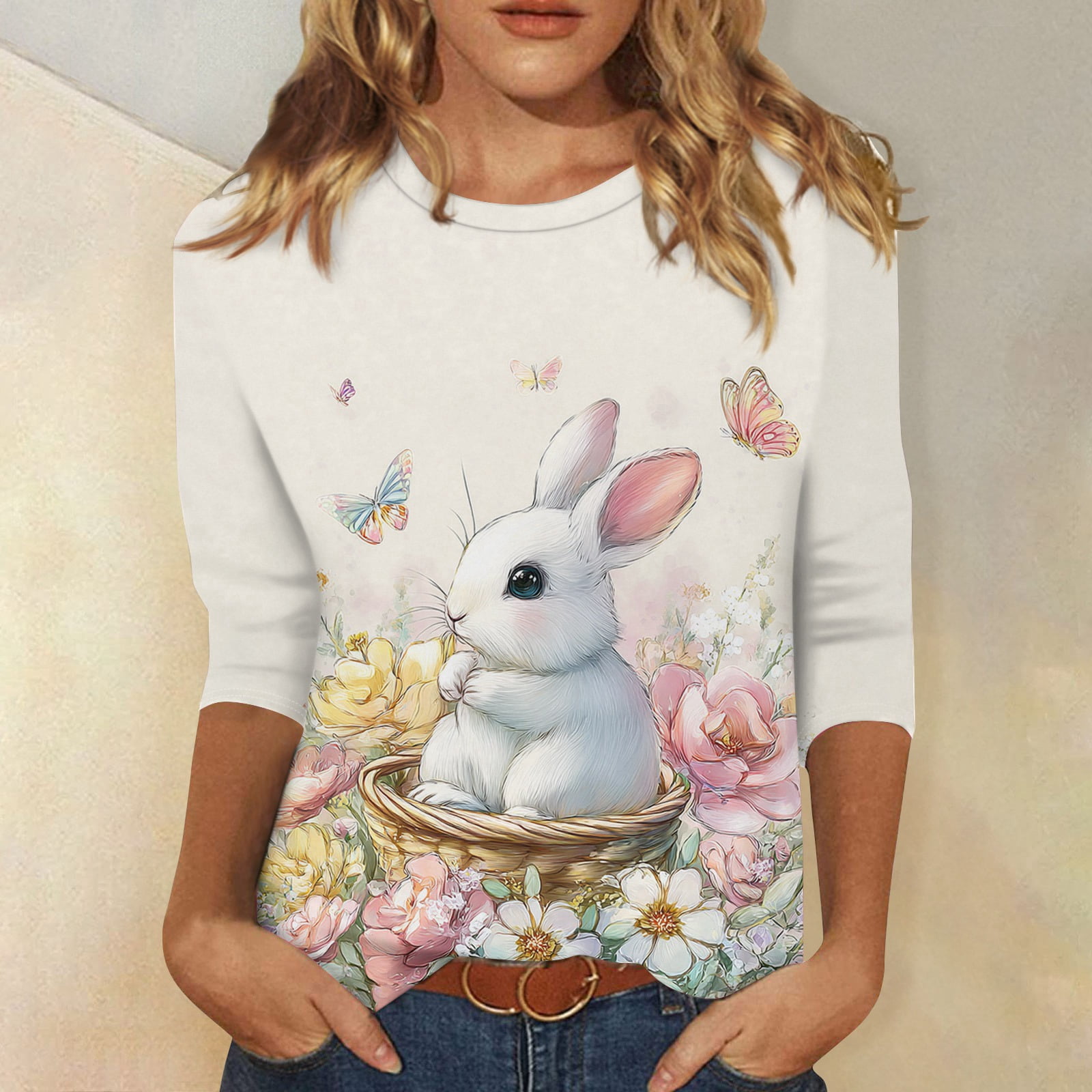 Easter 3/4 Sleeve Tops for Women Stretchy Egg Bunny Printed Crew Neck ...