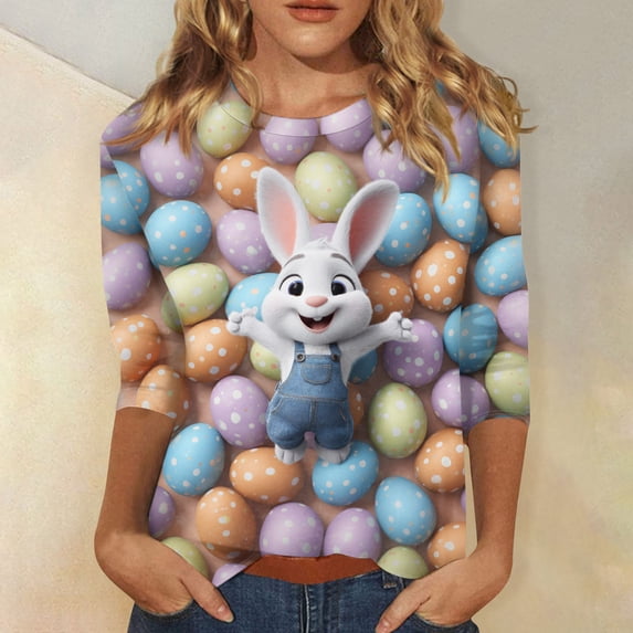 Easter 3/4 Sleeve Tops for Women Y2k Colorful Eggs Print Crew Neck ...