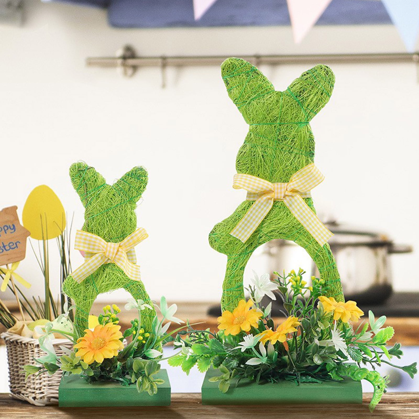 Easter 3-Size Straw-Like Bunny Decor Set - Bow & Flower Adorned ...