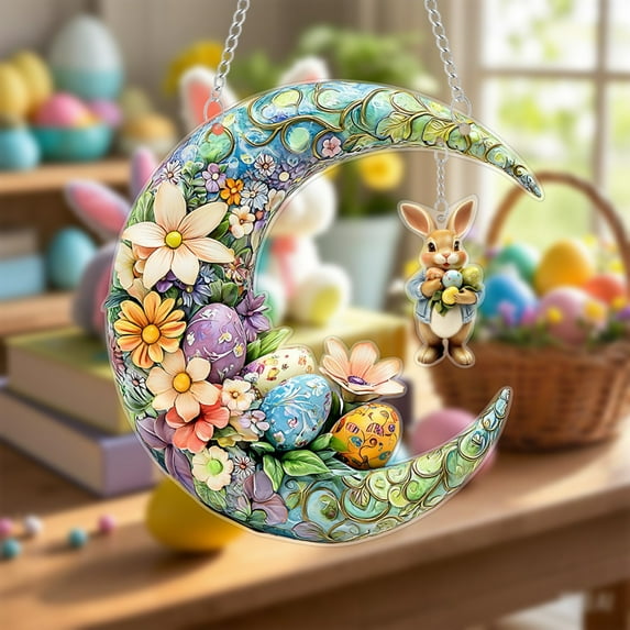 Easter Acrylic Moon Hanging Ornament， Crescent Moon with Flowers and ...