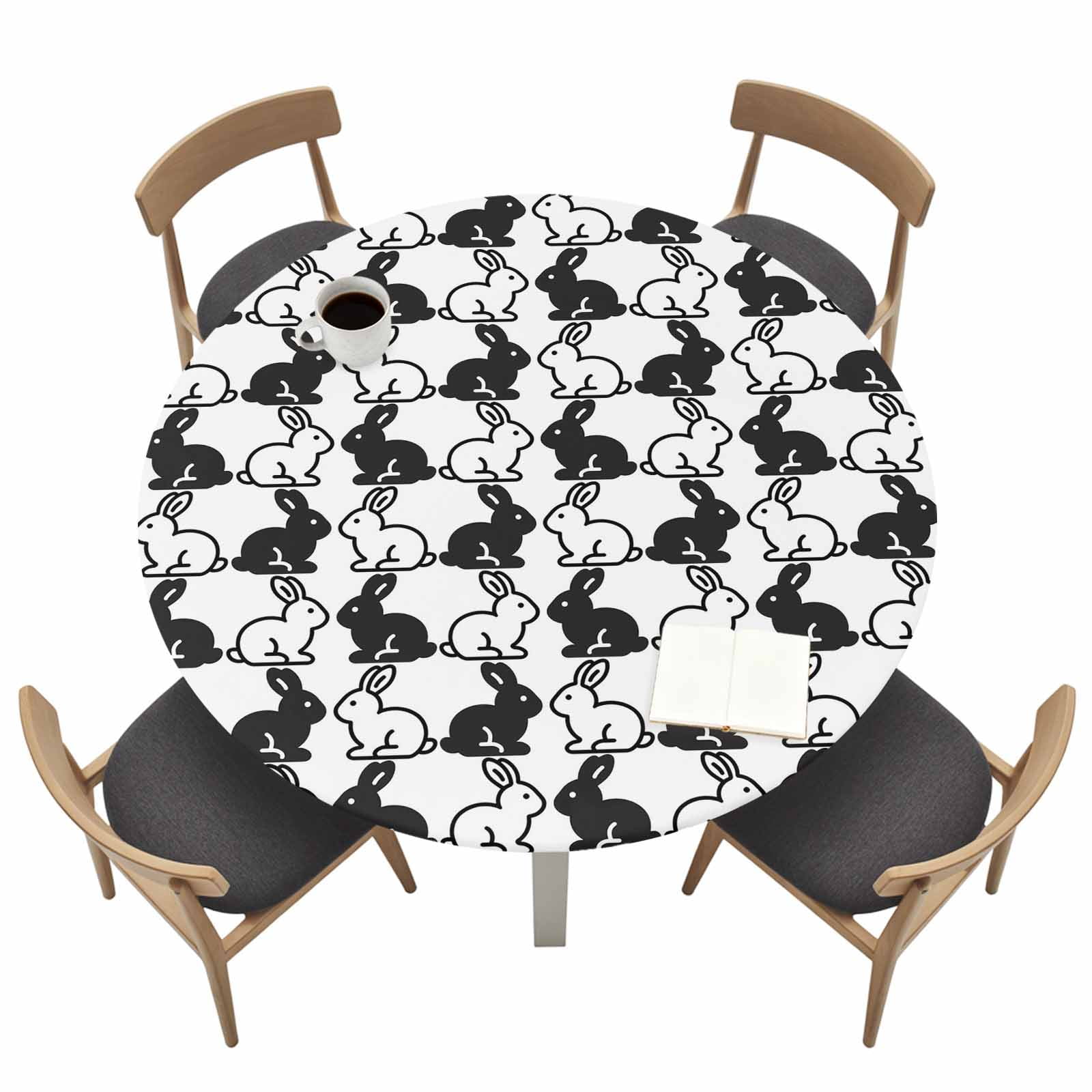 Easter Animals Round Fitted Tablecloth with Elastic Edge Black White ...