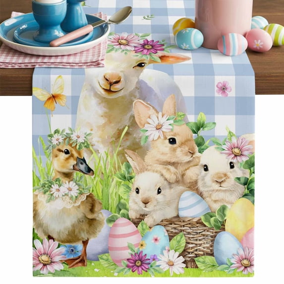 Easter Animals Table Runner, Watercolor Rabbits Sheep Duck Eggs Blue ...