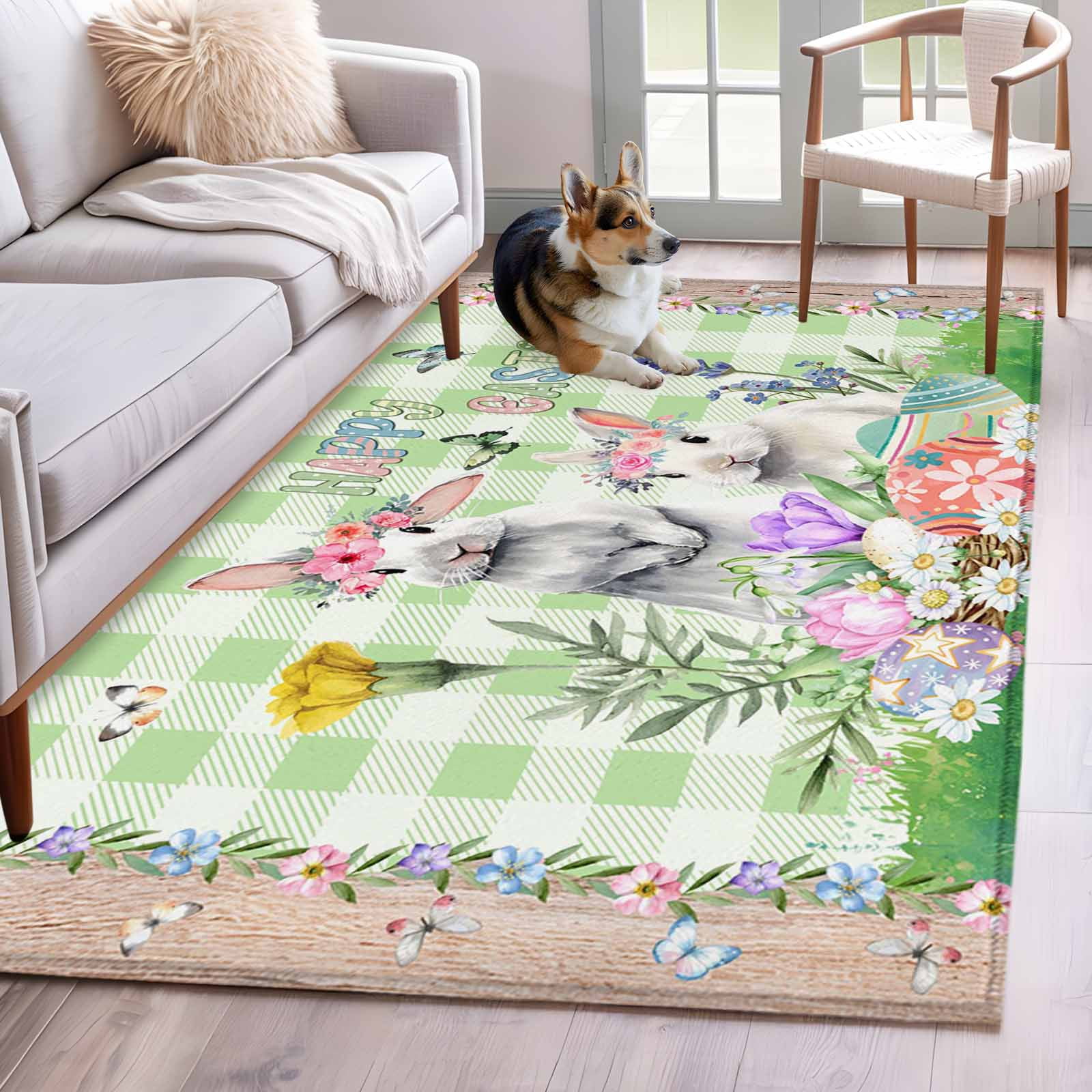 Easter Area Rug 3x5 Washable Rug Non Slip Spring Rabbit Botanical ...