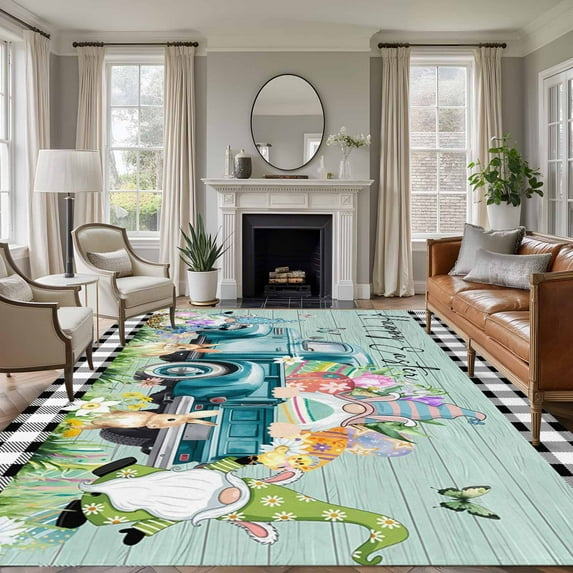 Easter Area Rug 5x7 Washable Rug Non Slip Black Plaid Truck Eggs Bunny ...