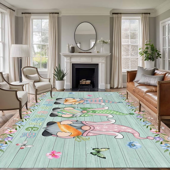 Easter Area Rug 5x7 Washable Rug Non Slip Farmhouse Gnomes Rabbits Eggs ...
