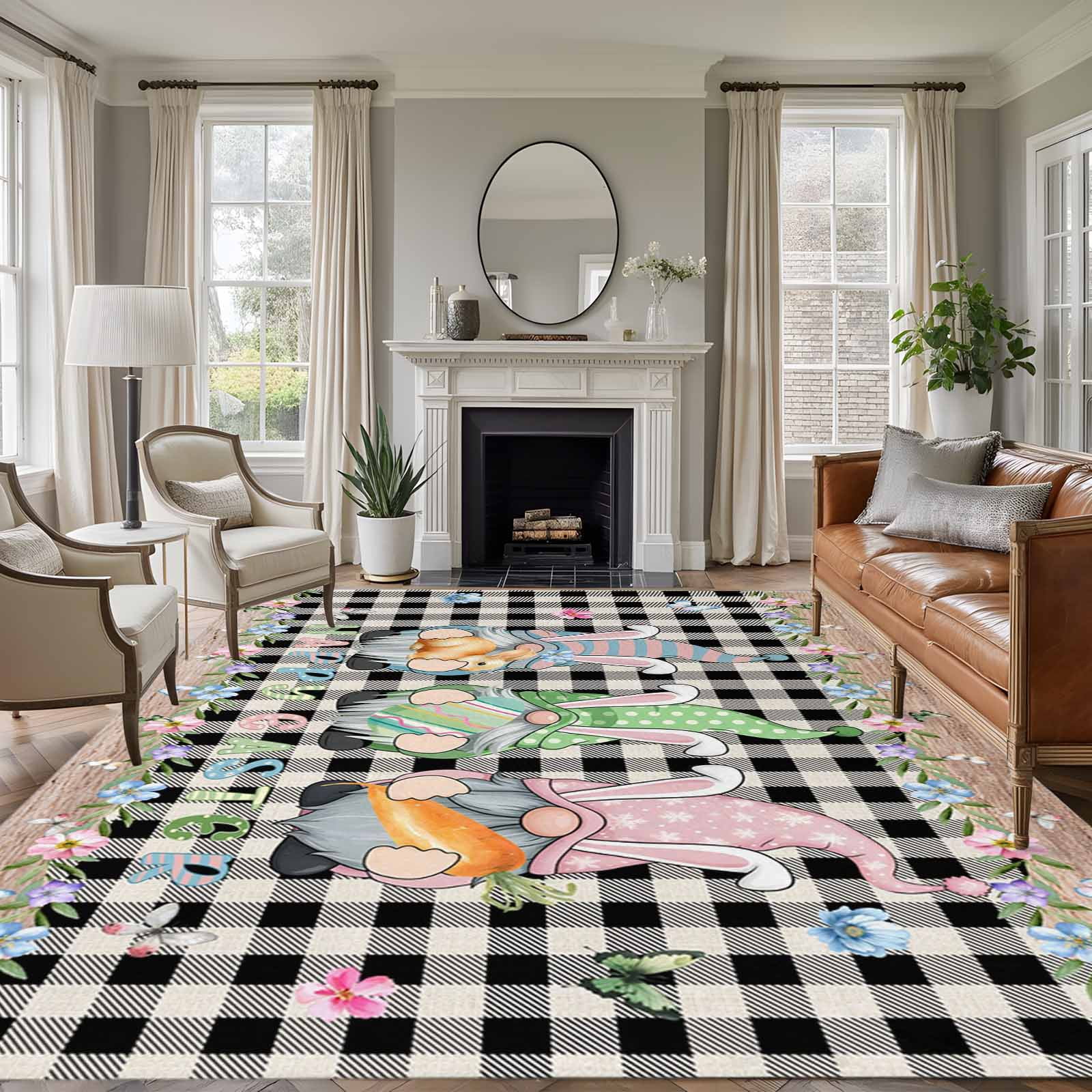 Easter Area Rug 5x7 Washable Rug Non Slip Vintage Gnomes Bunny Eggs ...