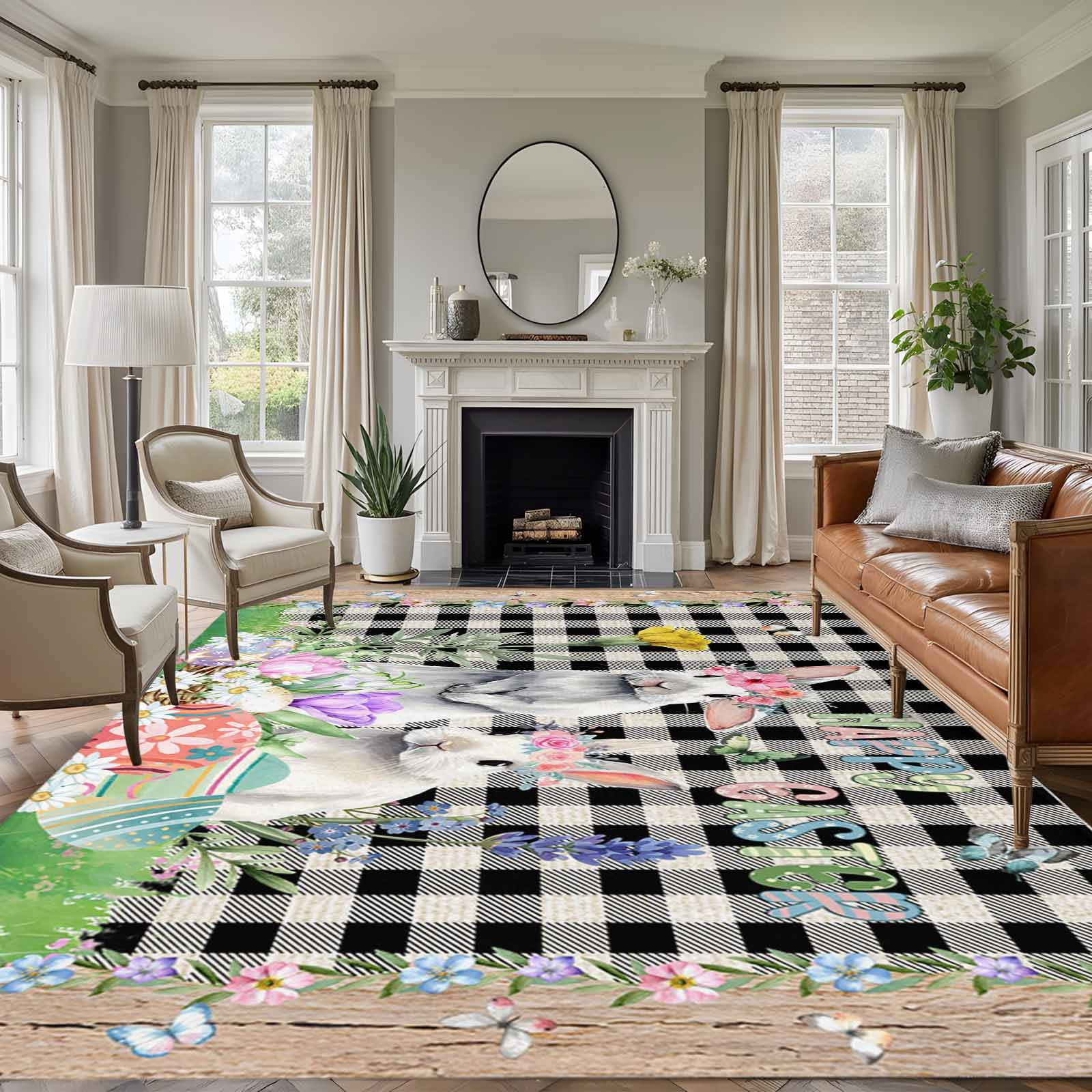 Easter Area Rug 5x8 Washable Rug Non Slip Spring Rabbit Flowers ...