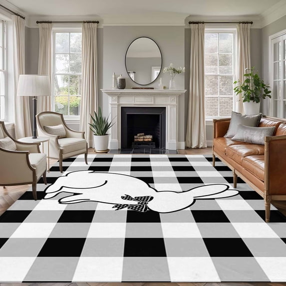 Easter Area Rug 6x9 Washable Rug Non Slip Farmhouse Bow Bunny Black ...
