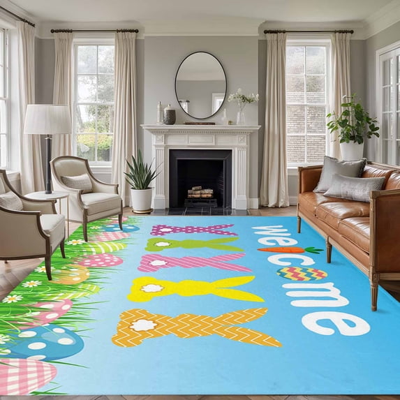 Easter Area Rug 6x9 Washable Rug Non Slip Spring Flora Colorful Eggs ...