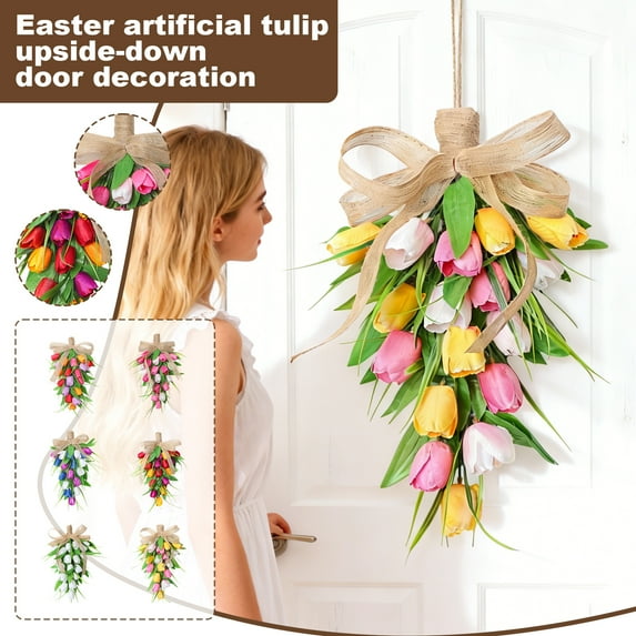 Easter Artificial Tulips Wreath Upside-Down Plastic Door Hanging Home ...