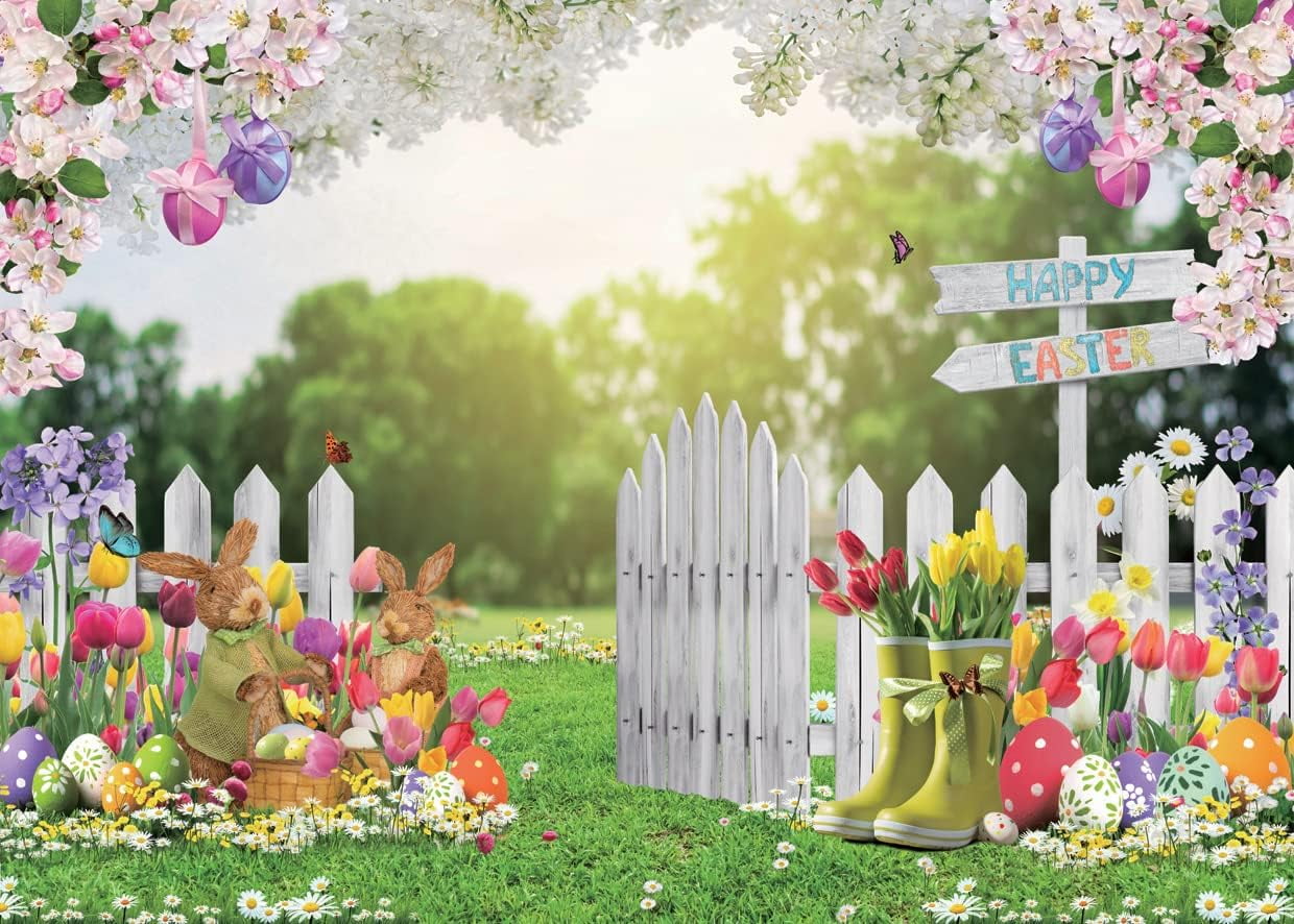 Easter Backdrop Photo rations Background Rabbit Colorful Eggs Fence ...