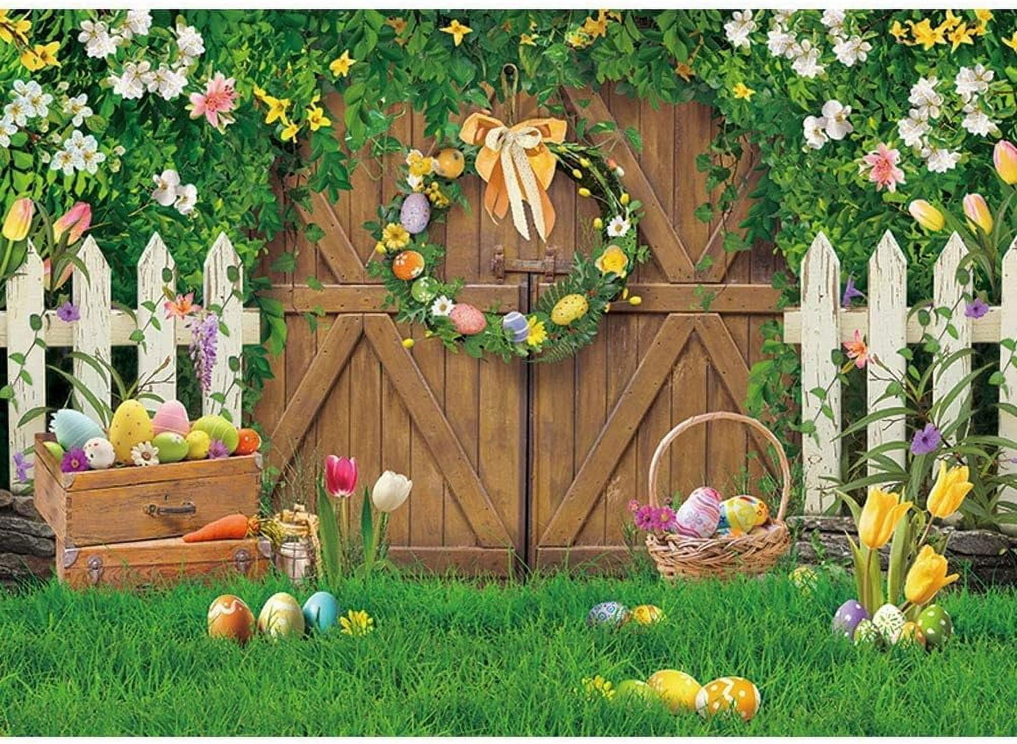Easter Backdrop Photo rations Background Rabbit Colorful Eggs Fence ...