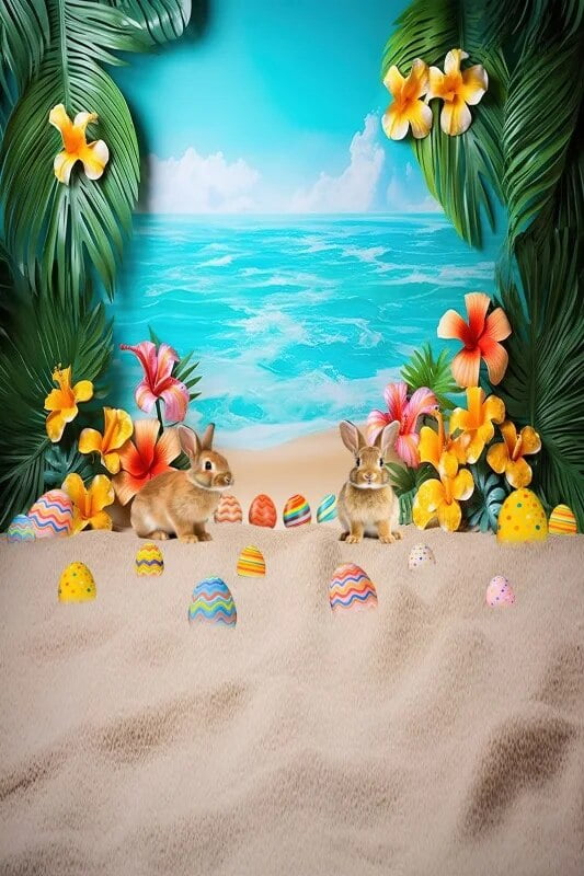 Easter Backdrop Seaside Scenery Colorful Egg Sand Beach Cute Rabbit