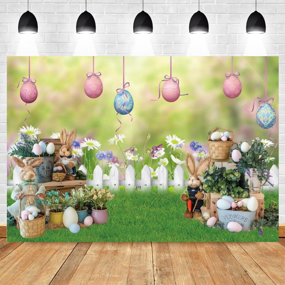 Easter Backdrop Spring Garden Flower Fence Eggs Green Grass Photography ...