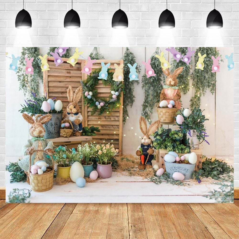 Easter Backdrop Spring Garden Rabbit Flower Eggs Photography Background Bunny Flag Party Newborn ...