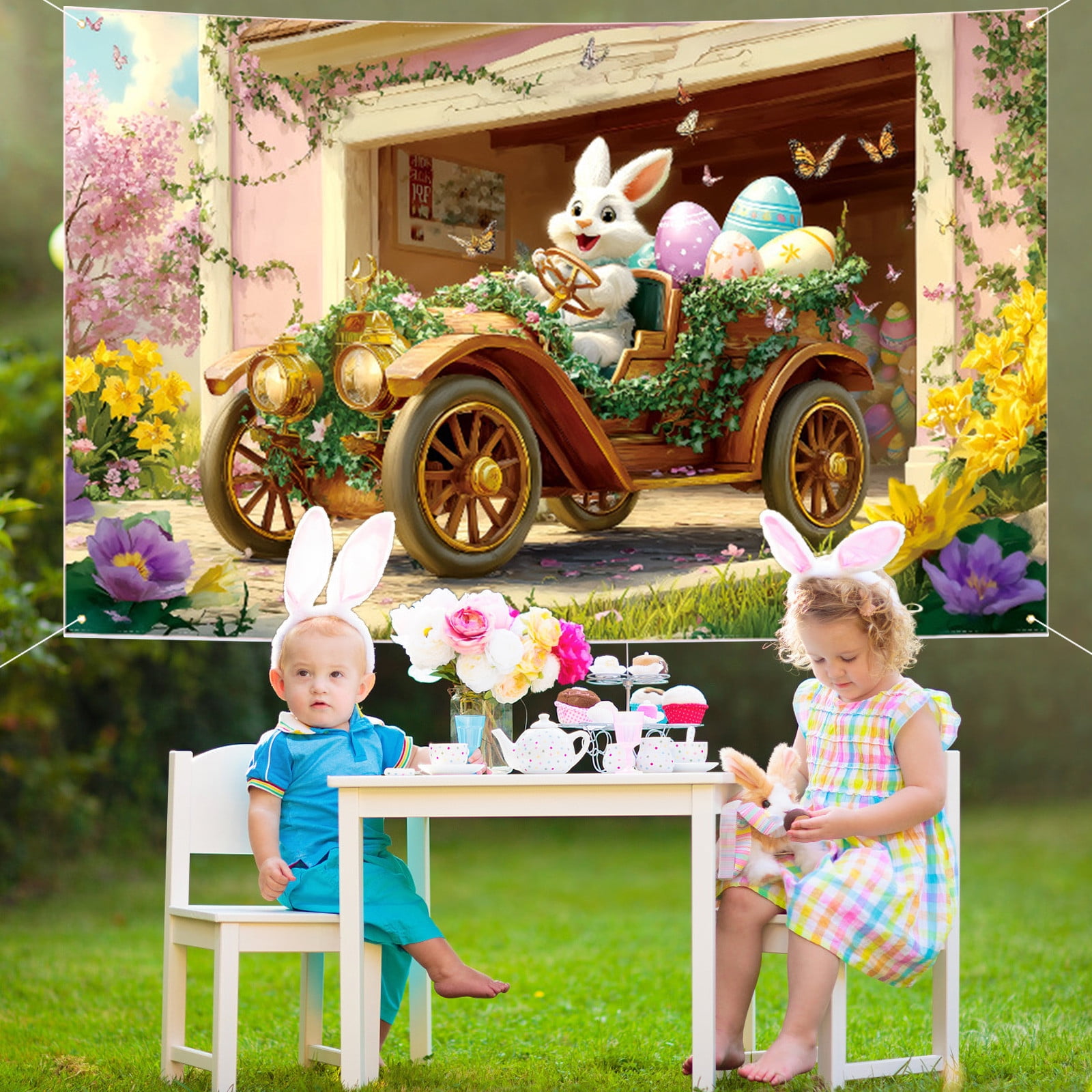 Easter Background Cloth with Eggs & Bunnies, Spring Colorful Floral ...