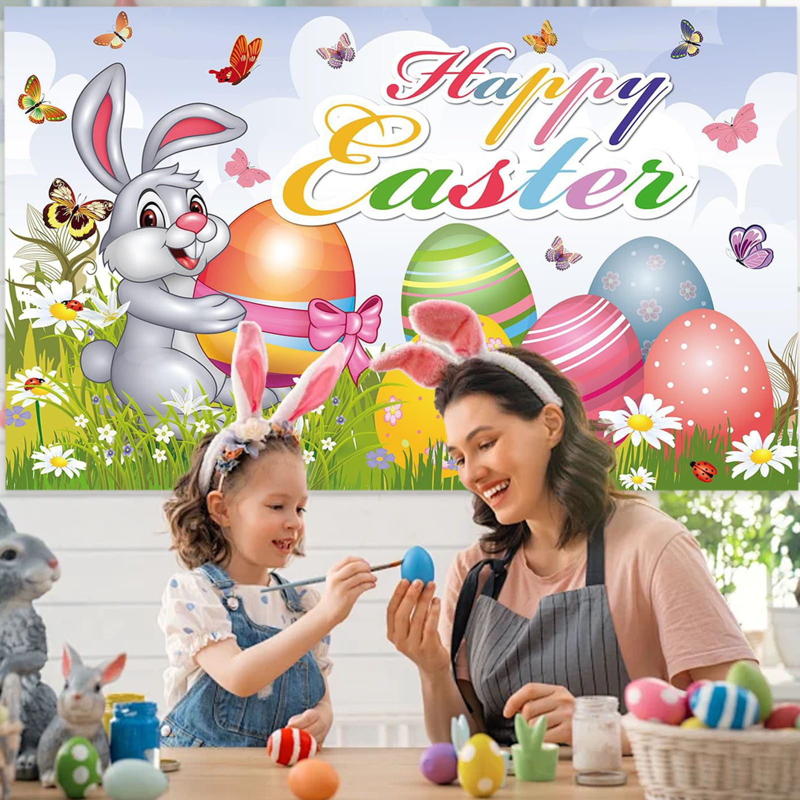 Easter Background Cloth Rabbit Eggs Party Decor Hanging Backdrop for ...
