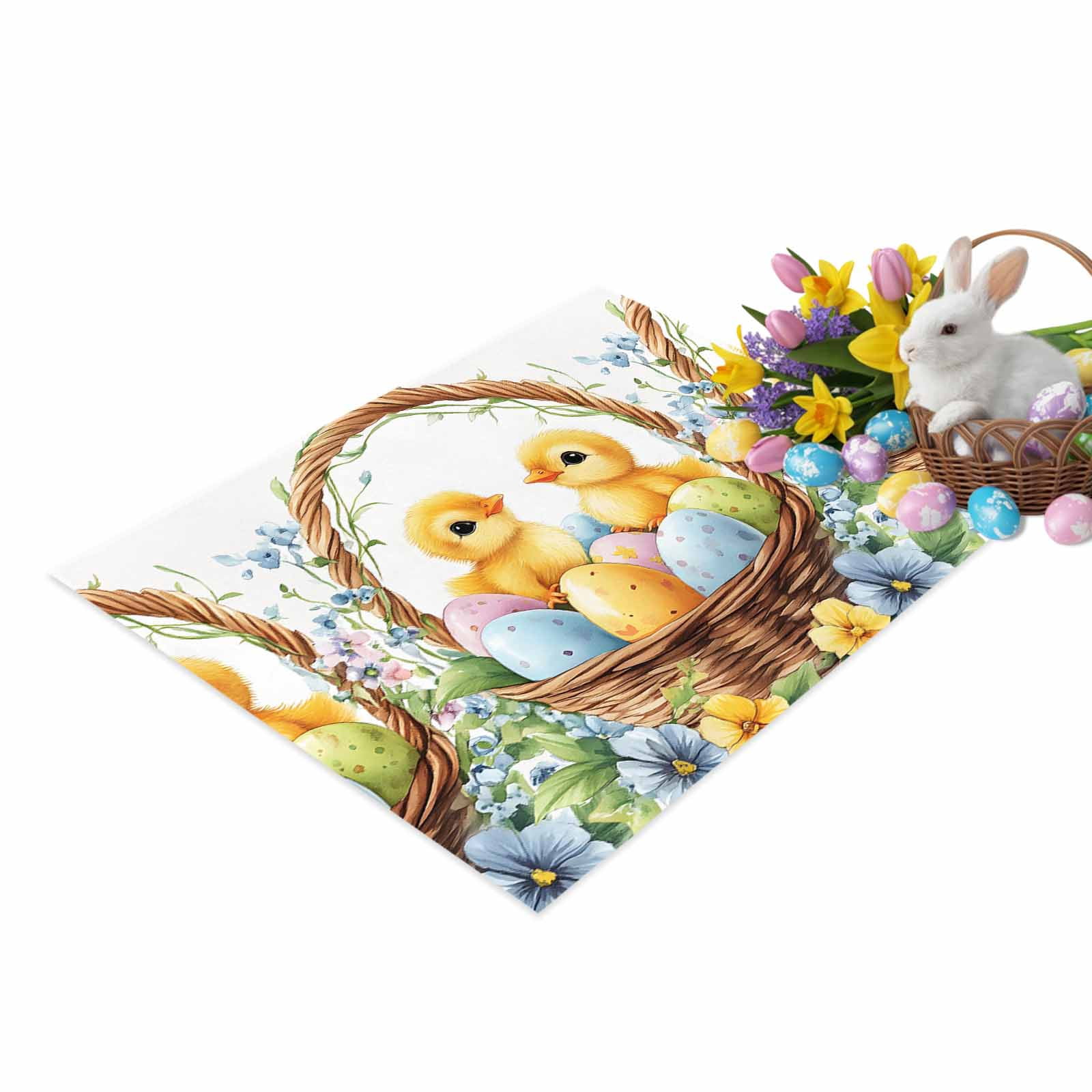 Easter Basket Chick Door Mat Watercolor Pink Blue Yellow Eggs Spring ...