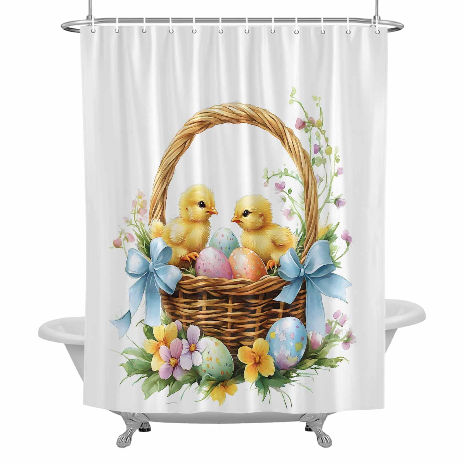 Easter Basket Chick Shower Curtain for Bathroom, Watercolor Pink Orange ...