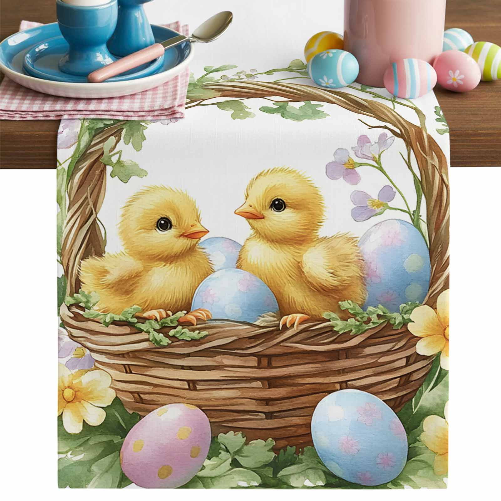 Easter Basket Chick Table Runner, Watercolor Pink Blue Eggs Spring ...