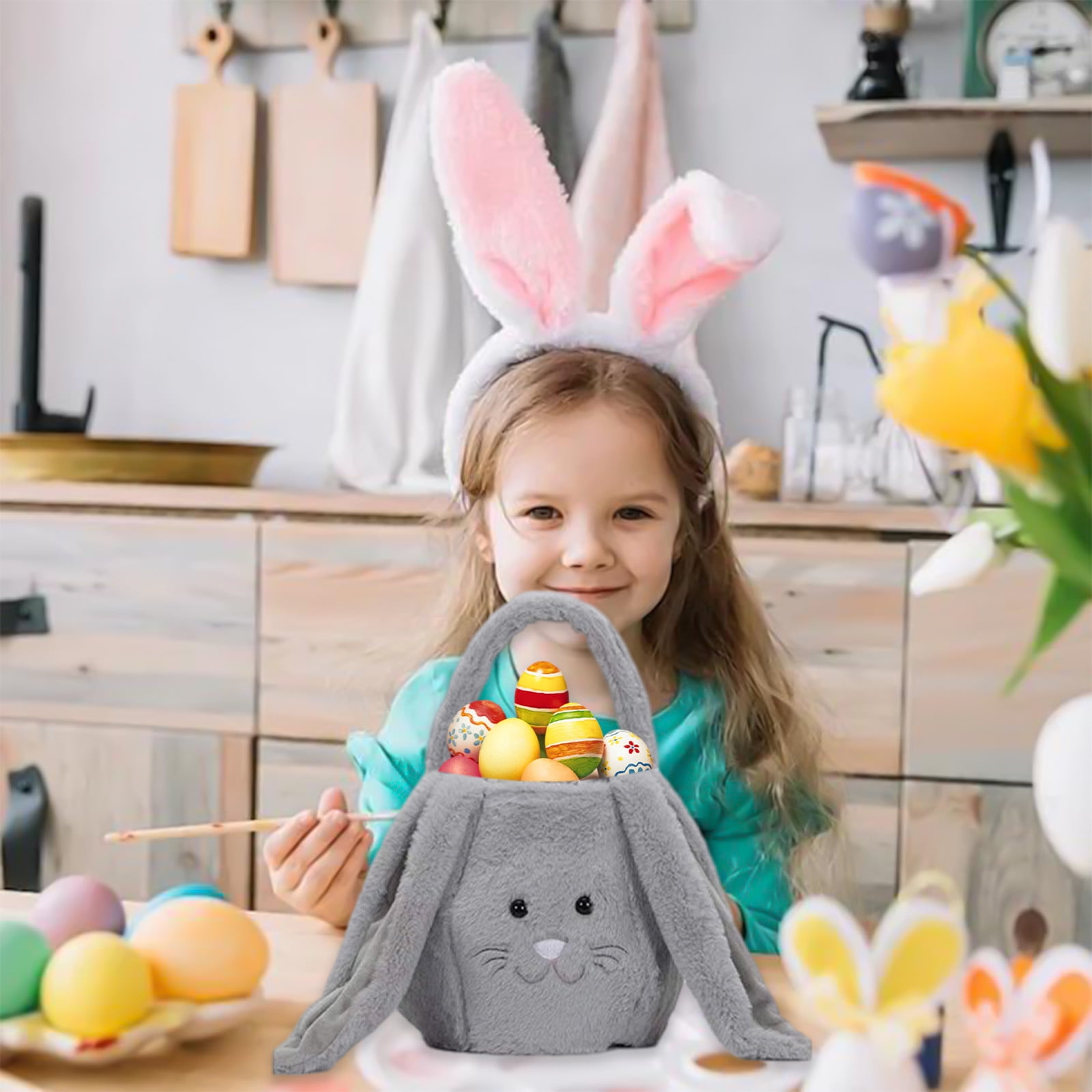 Easter Basket Easter Bunny Baskets Egg Hunting Basket Plush Bunny Long ...