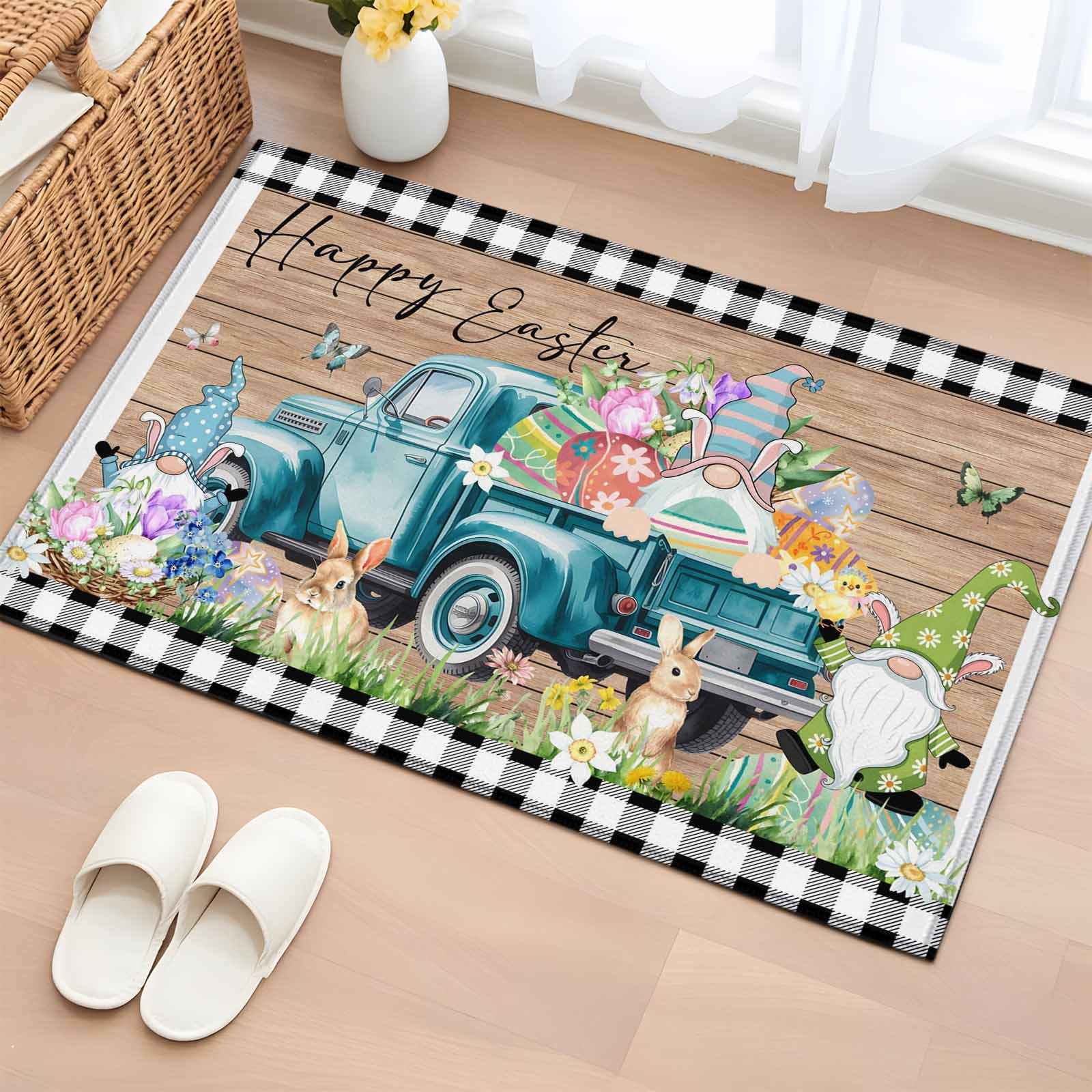 Easter Bathroom Rug Washable 2x3 Entryway Rug Non Slip Plaid Truck Eggs ...