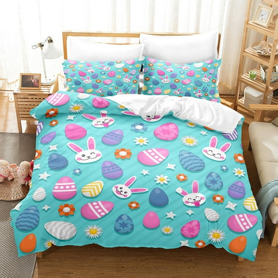 Easter Bedding Set, 3-Piece Cartoon Bunny Duvet Cover and Pillowcases ...