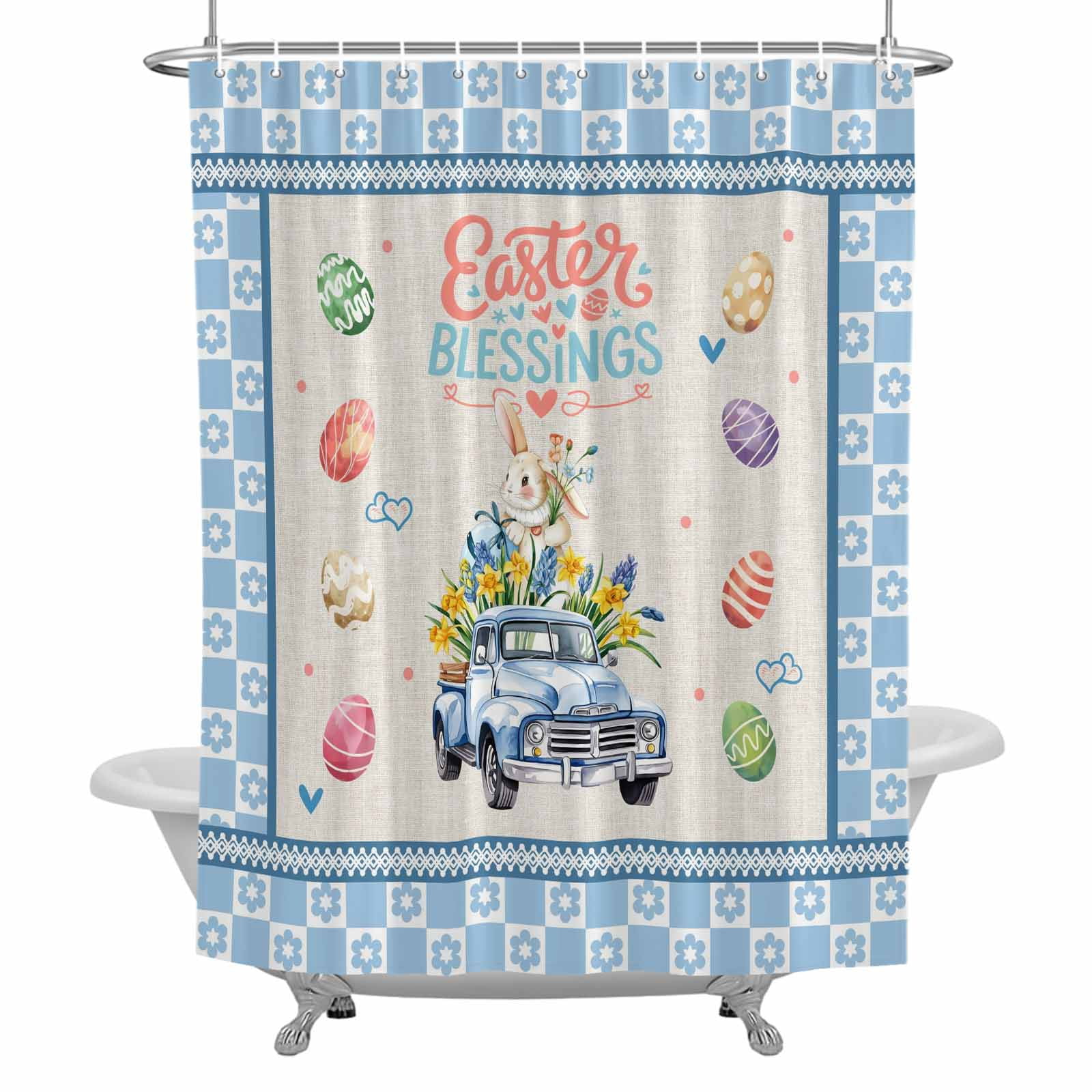Easter Blessings Shower Curtain for Bathroom, Rabbit Truck Eggs Linen ...