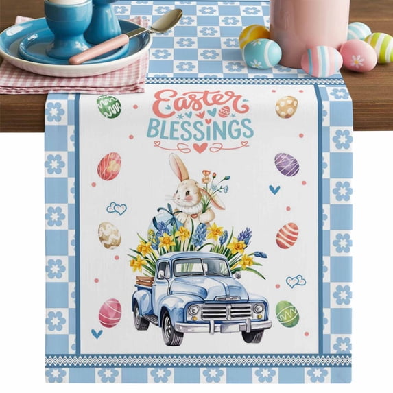 Easter Blessings Table Runner, Rabbit Truck Eggs Spring Blue Flower ...