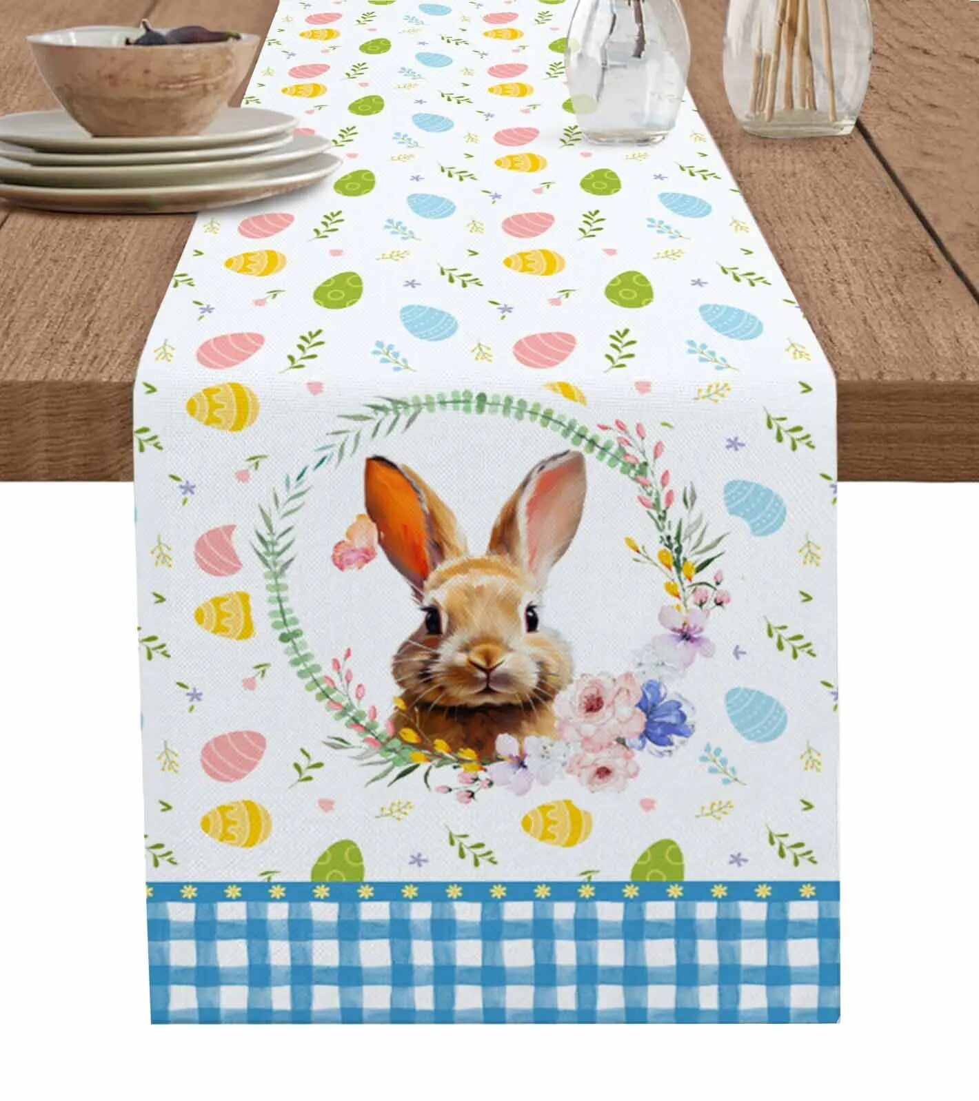 Easter Blue Checkered Egg Flower Brown Rabbit Table Runner Coffee Table ...