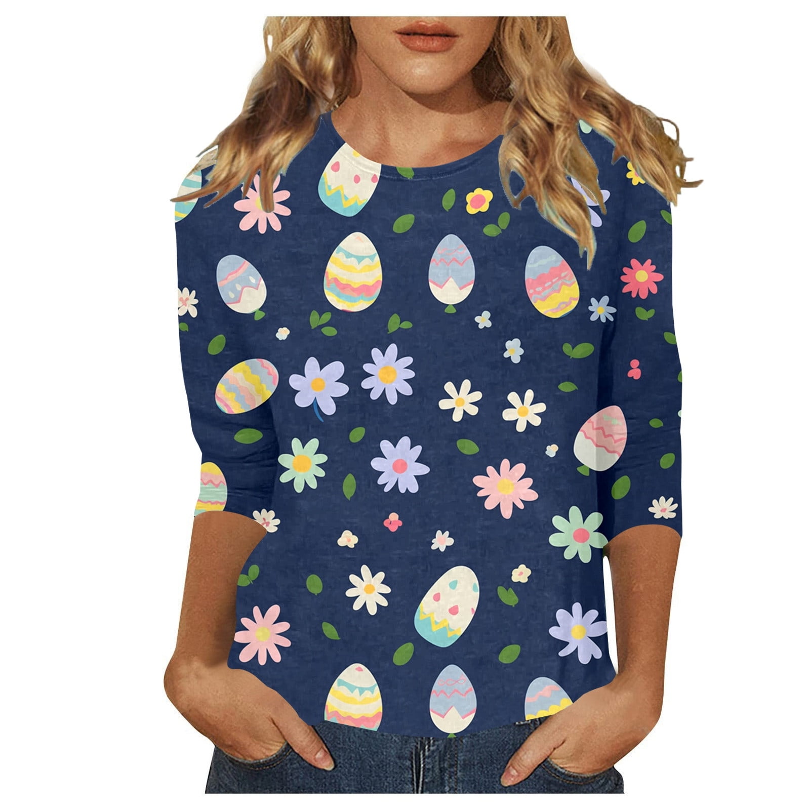 Easter Boho Tops for Women Funny Egg Graphic 3/4 Length Sleeve Holiday ...