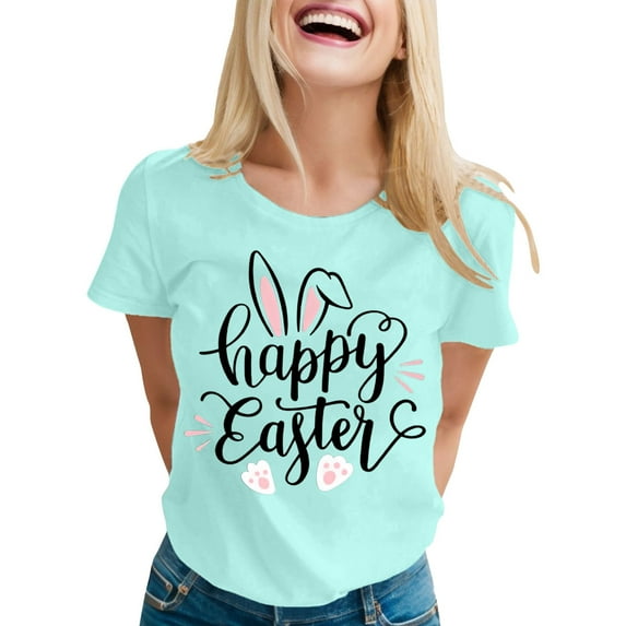 Easter Boho Tops for Women Letter Print Crew Neck Short Sleeve Multiple ...