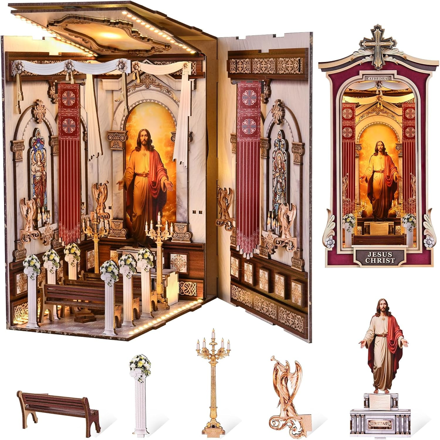 Easter Book Nook DIY Kit, 3D Wooden Cathedral Puzzle with LED Lights ...