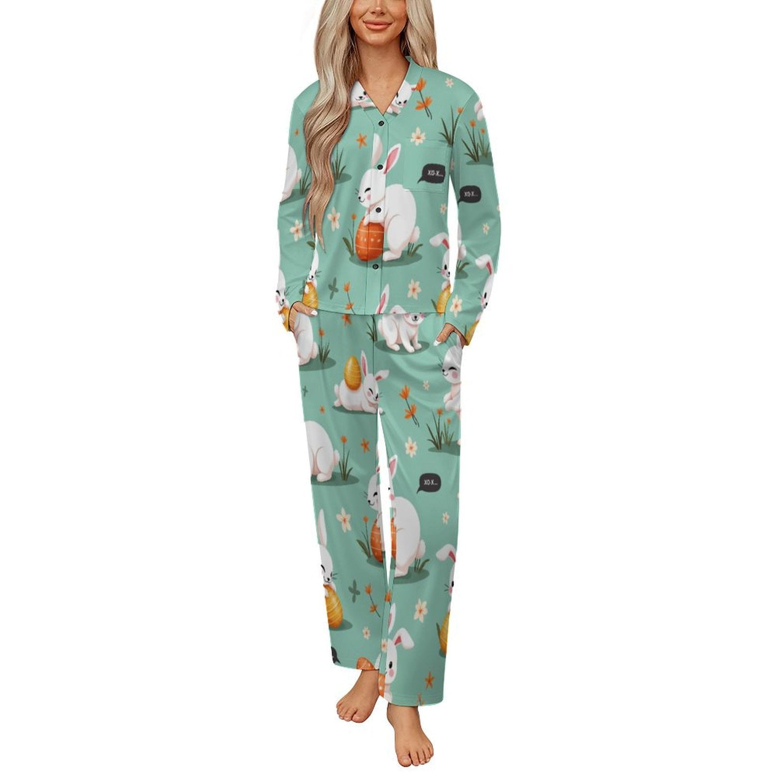 Easter Bunnies And Eggs Womens Pyjamas Set Button Up Pyjamas Womens ...