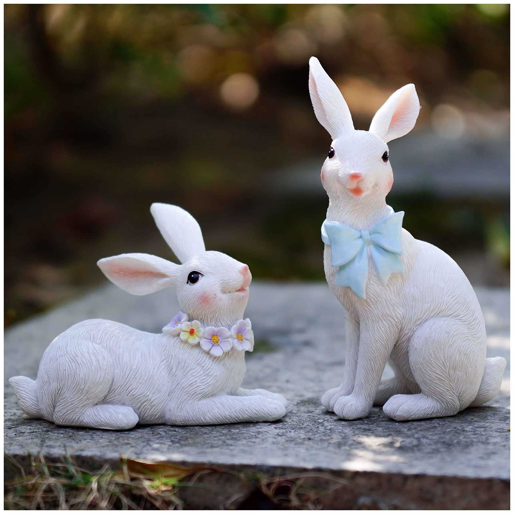 Easter Bunnies Decorations Indoor - 2 Resin 5.7'' Bunny Figurines with ...