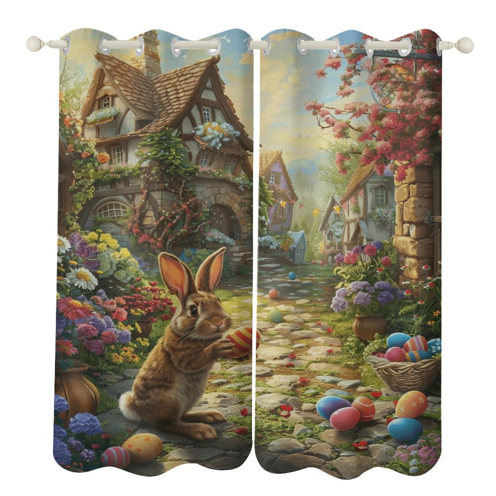 Easter Bunnies Rabbits 2 Panel Curtain Set, Watercolor Painting Window ...