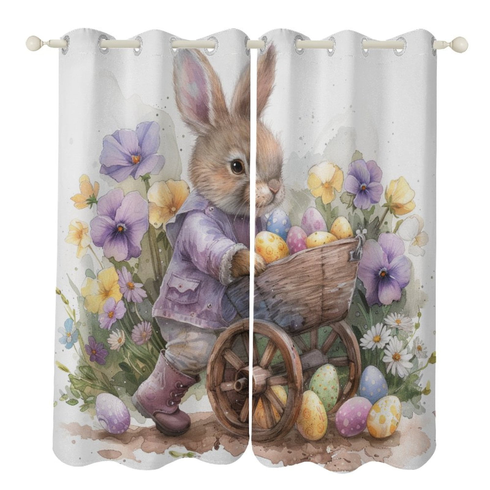 Easter Bunnies Rabbits 2 Panel Curtain Set, Watercolor Painting Window ...