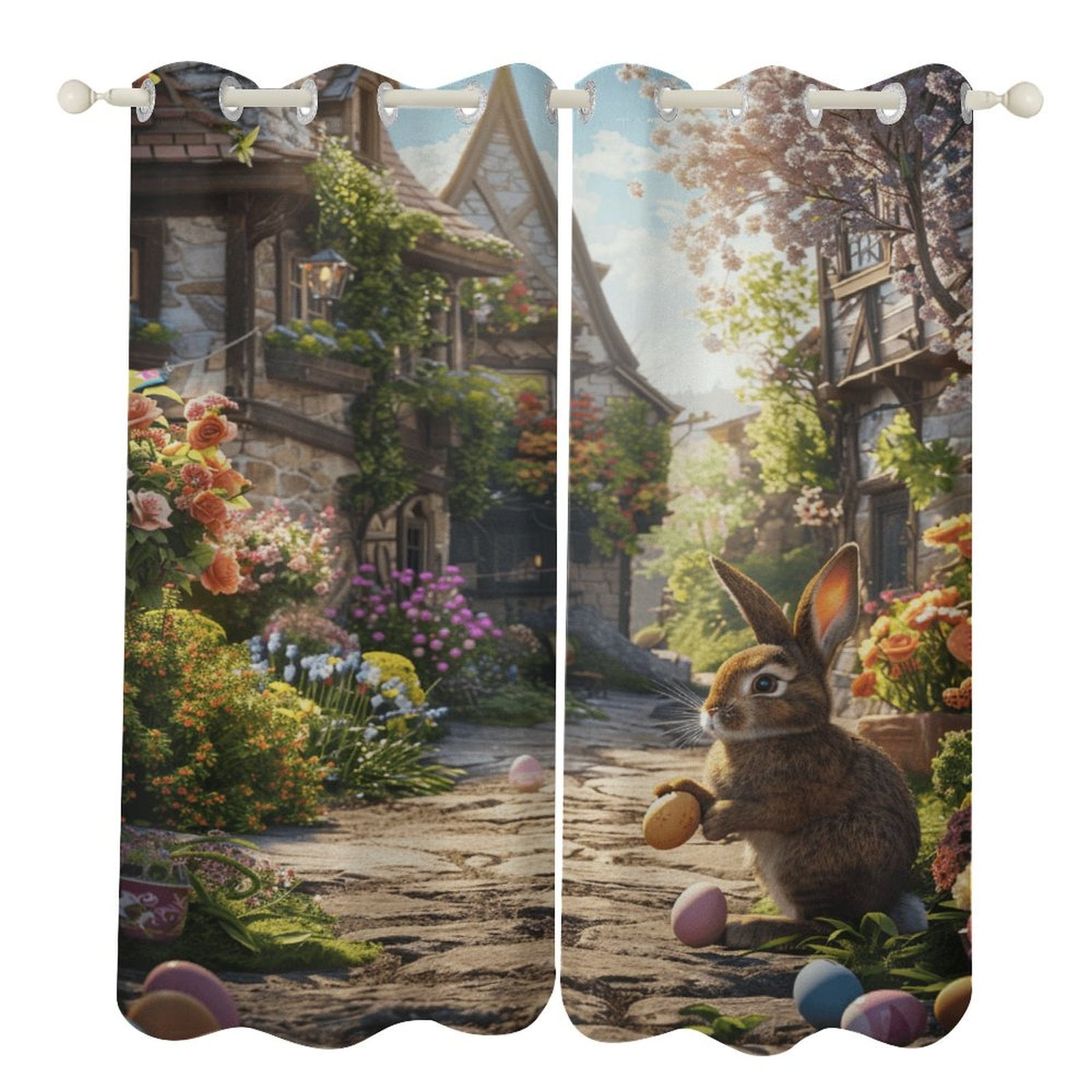 Easter Bunnies Rabbits 2 Panel Curtain Set, Watercolor Painting Window ...