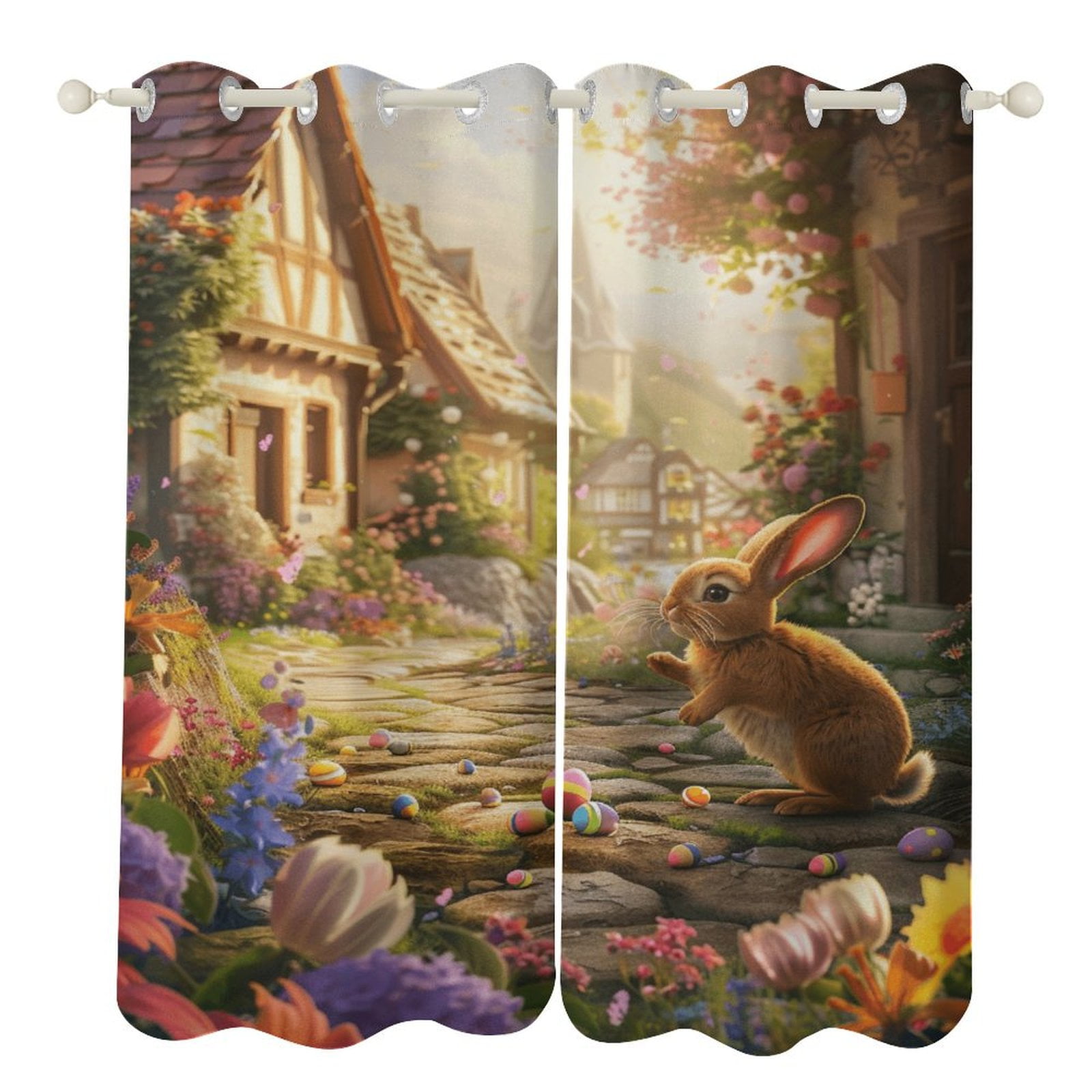 Easter Bunnies Rabbits 2 Panel Curtain Set, Watercolor Painting Window ...