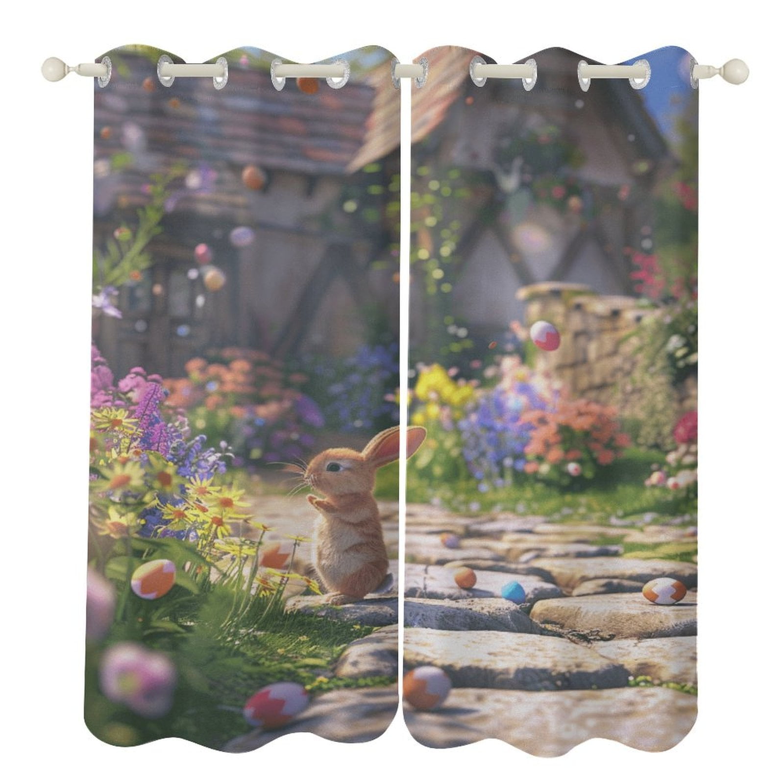 Easter Bunnies Rabbits 2 Panel Curtain Set, Watercolor Painting Window ...