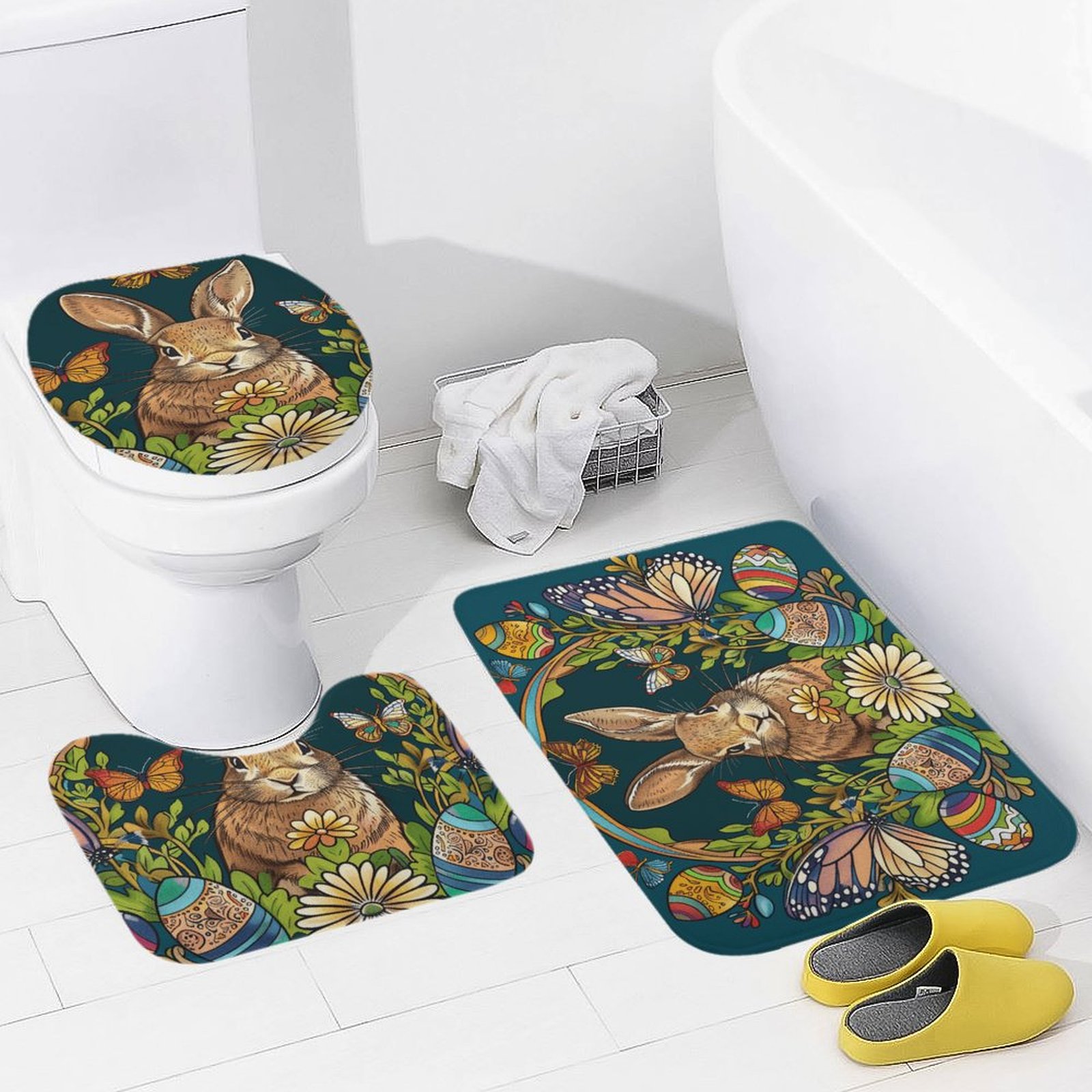 Easter Bunnies Rabbits 3 Pieces Bath Mats Set, Non-Slip Washable Cover ...