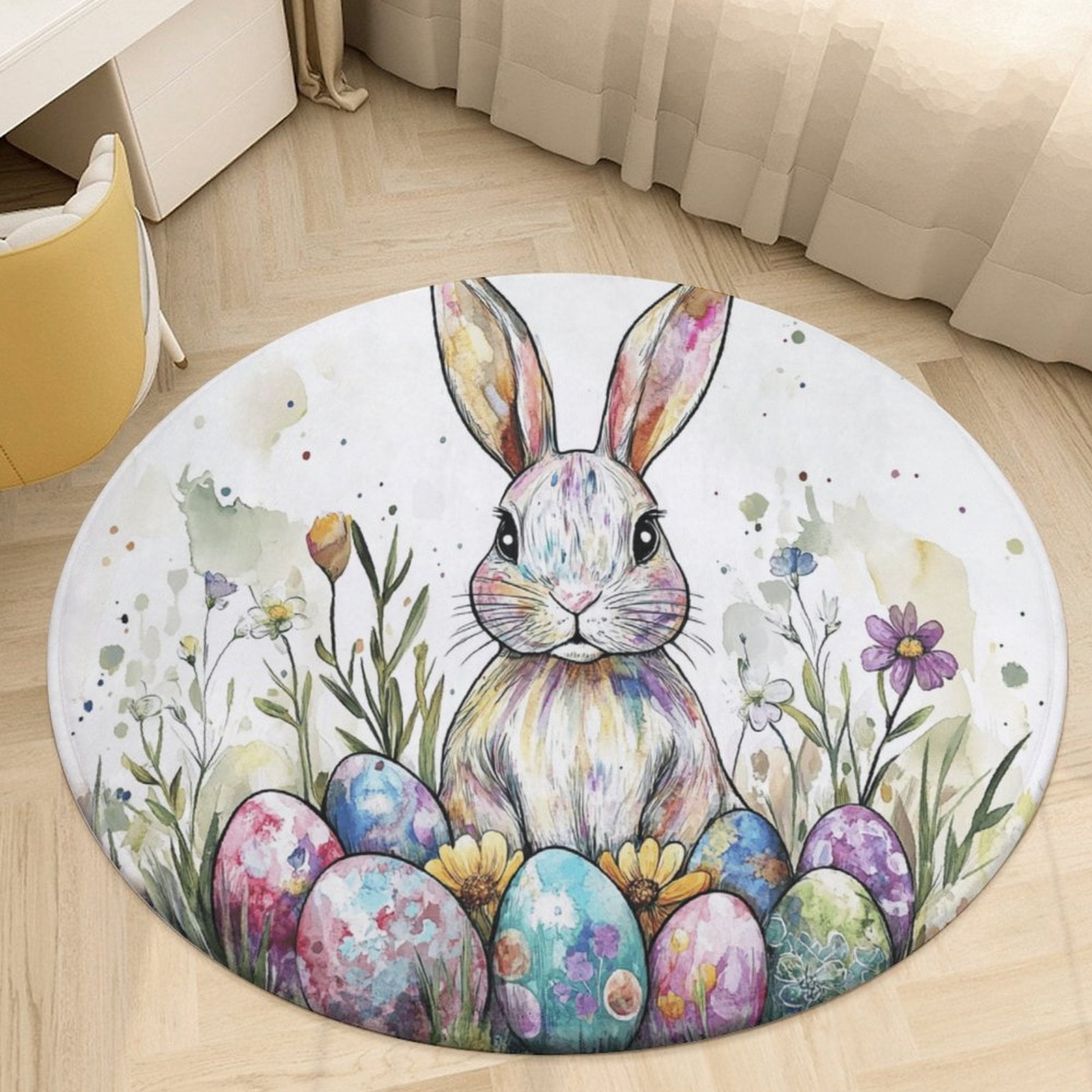 Easter Bunnies Rabbits Round Small Area Rug, Print Non Slip Washable ...